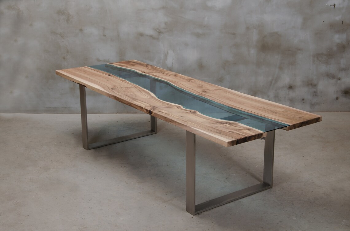 Personalised River Table With Blue Glass European Walnut Live | Etsy