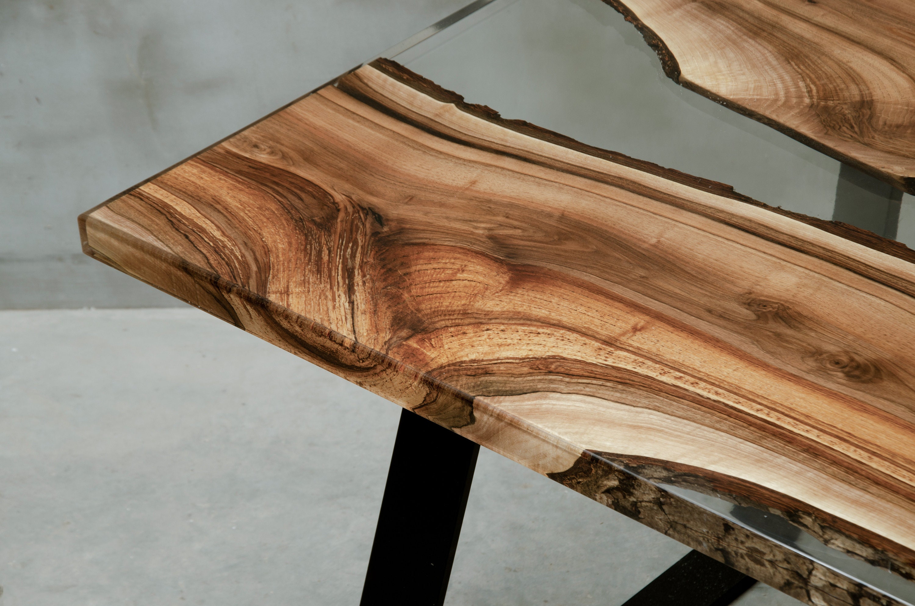 Custom Epoxy Table Made of Two Walnut Slabs, Crystal Transparent UV ...