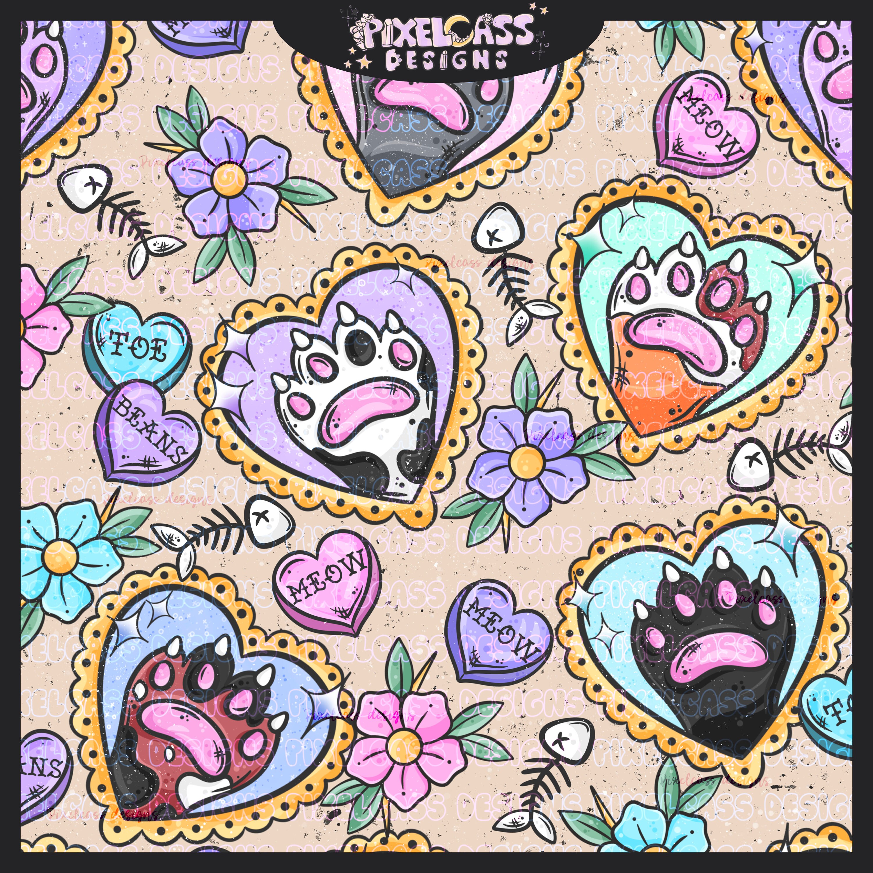 Toe Beans Tattoo Hearts Cat Meow | Seamless File, Surface Pattern ...