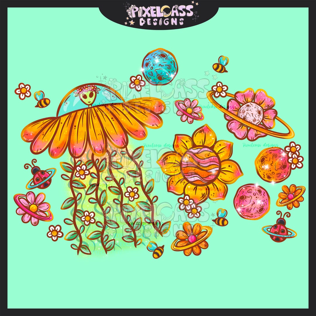 Sunflower Spring Floral Alien UFO PNG SUBLIMATION | Whimsical Spring ...