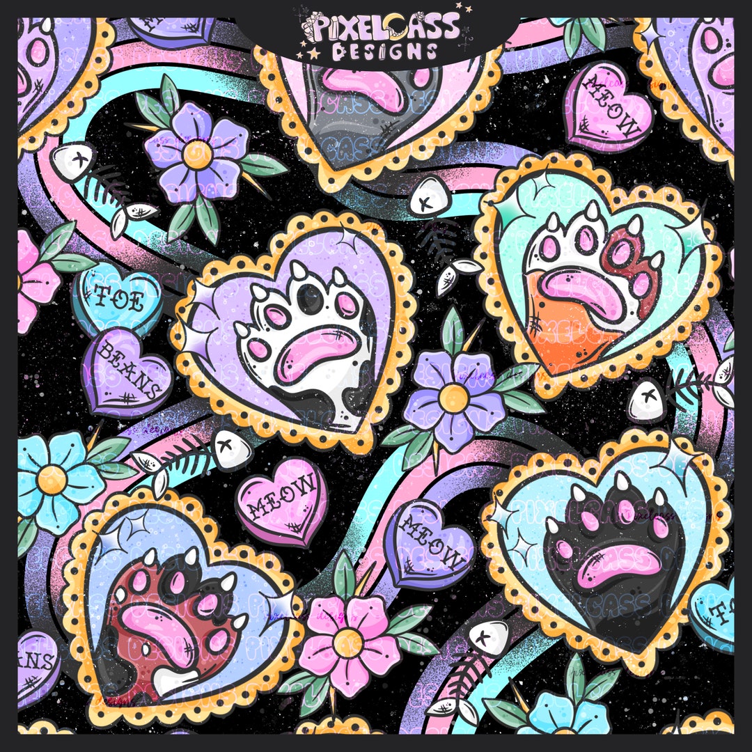Toe Beans Tattoo Hearts Cat Meow | Seamless File, Surface Pattern ...