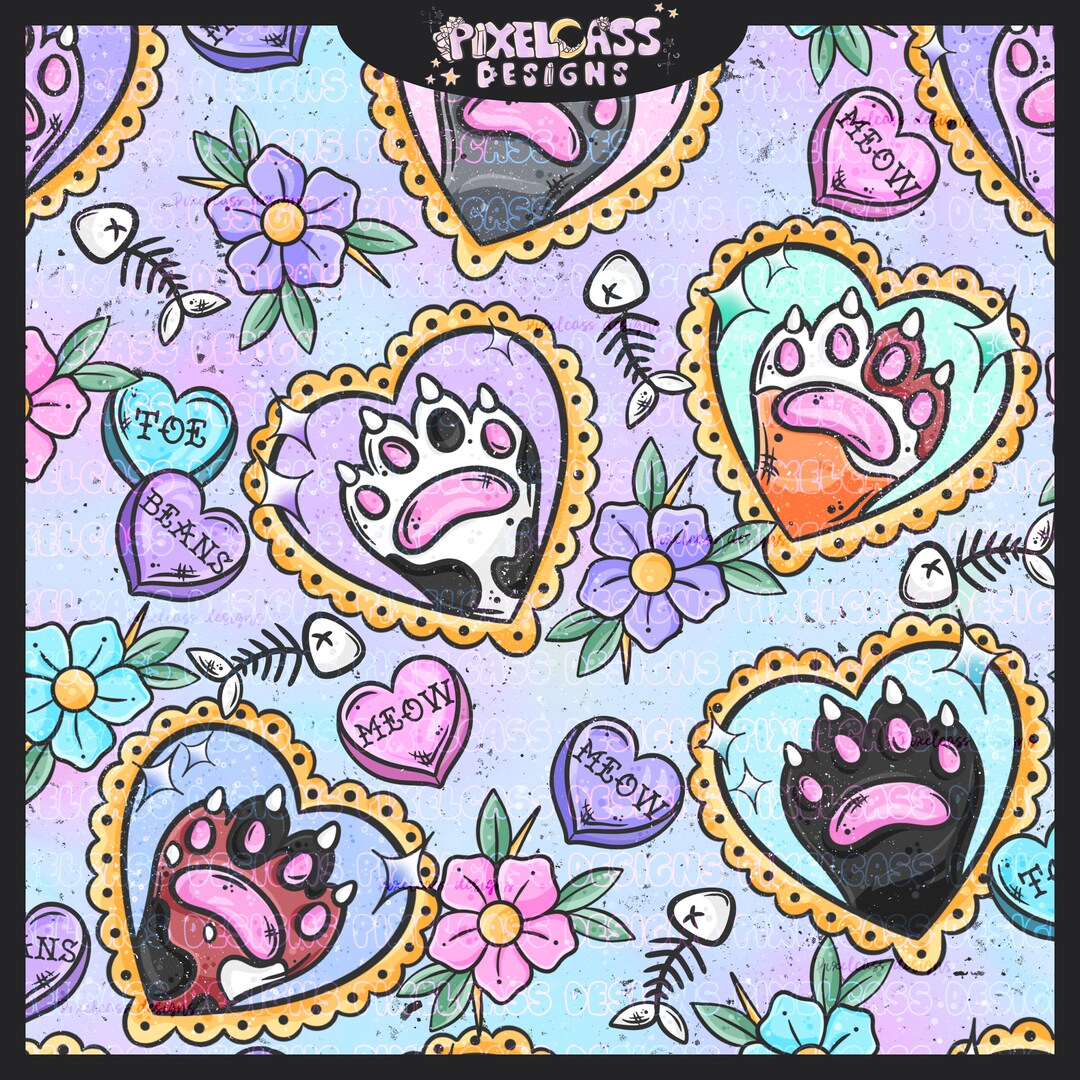 Toe Beans Tattoo Hearts Cat Meow | Seamless File, Surface Pattern ...