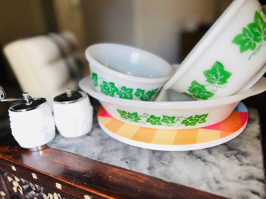 Vintage Hazel Atlas Green Ivy Milk Glass Dishware Set With Shakers - Etsy
