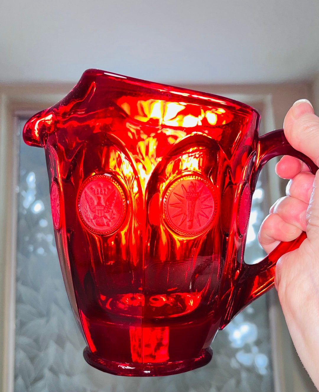 Vintage Fostoria Ruby Red Coin Glass Iced Tea Pitcher - Etsy