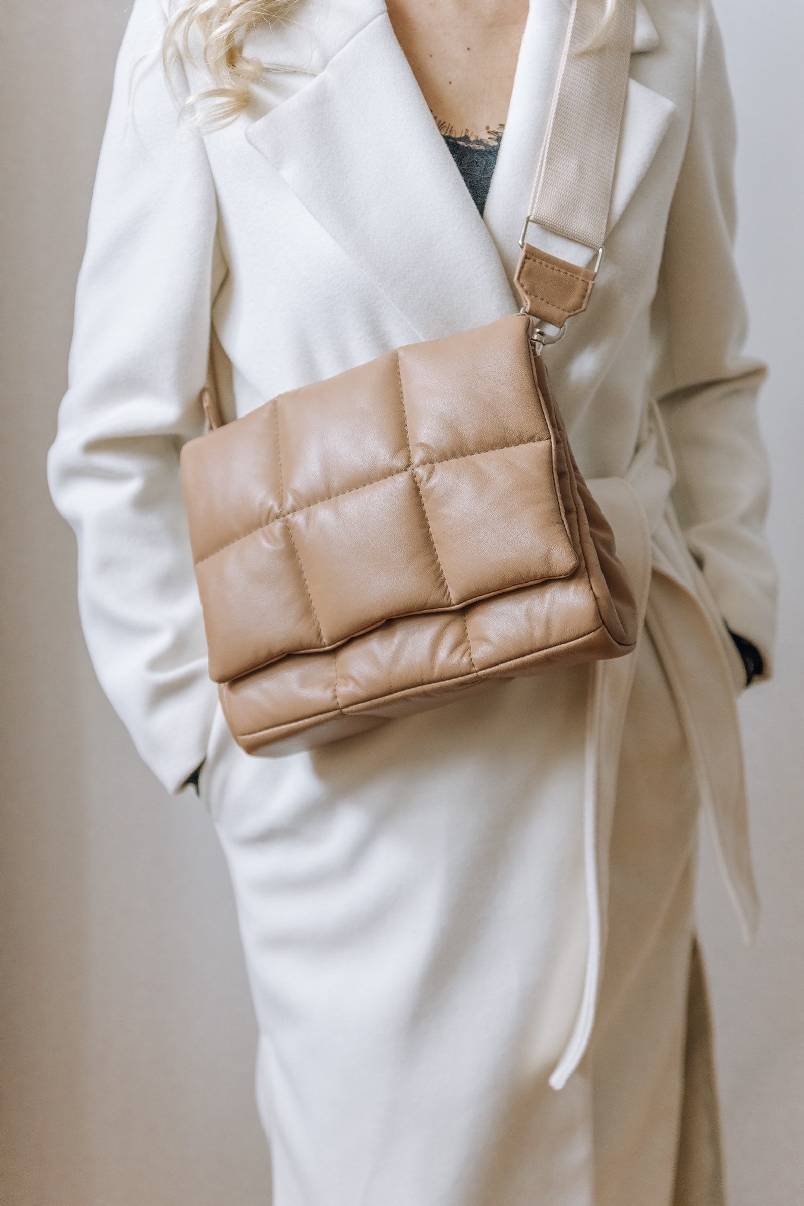 Leather Puffer Handbag Puffy Crossbody Bag Beige Purse Clutch - Etsy