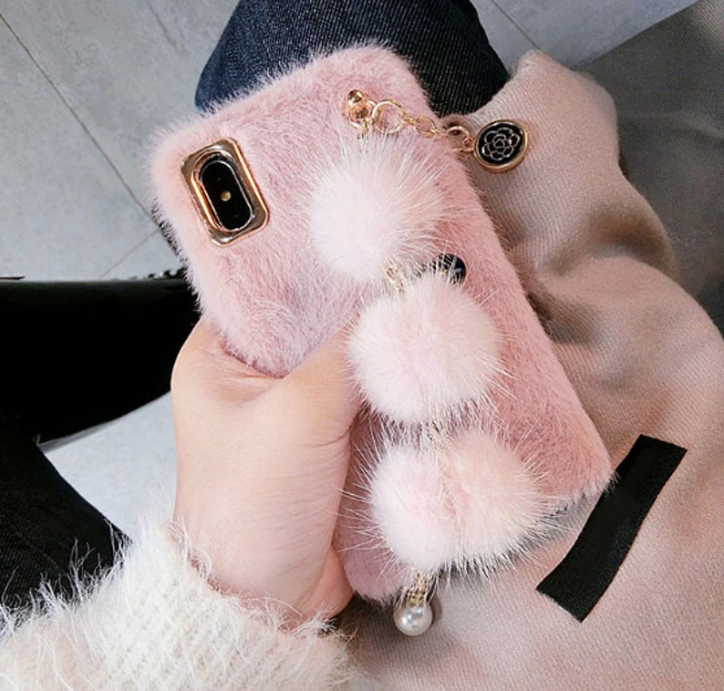 Girly Fluffy Fur Ball Soft TPU Phone Case Fashion Pink Gray | Etsy