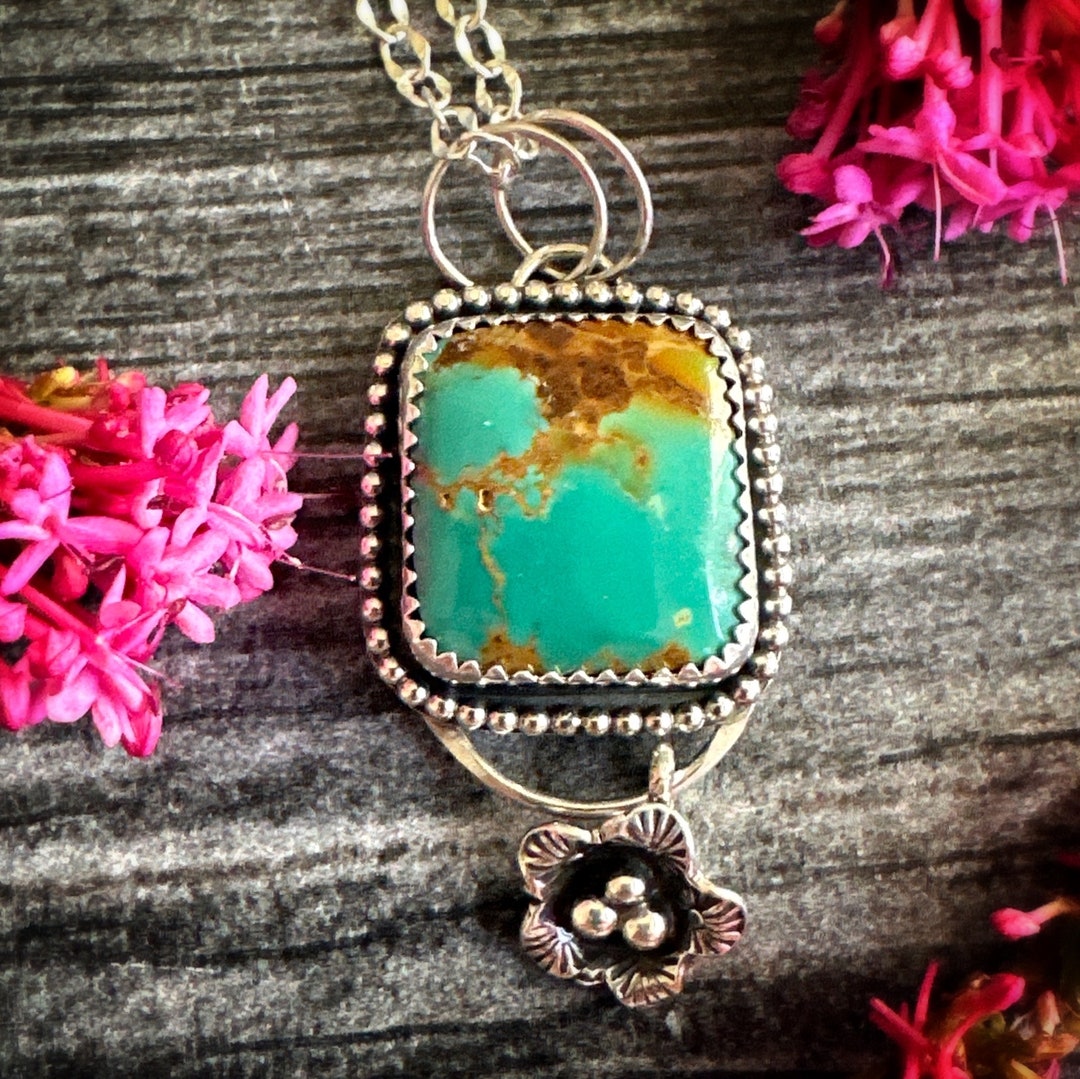 Tyrone Turquoise Square Pendant Necklace With Flower Charm | Sterling ...