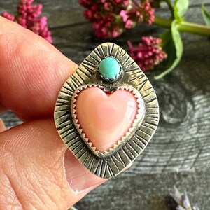 Pink Queen Conch Heart and Kingman Turquoise Ring - Sterling Silver ...