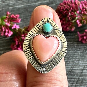 Pink Queen Conch Heart and Kingman Turquoise Ring - Sterling Silver ...