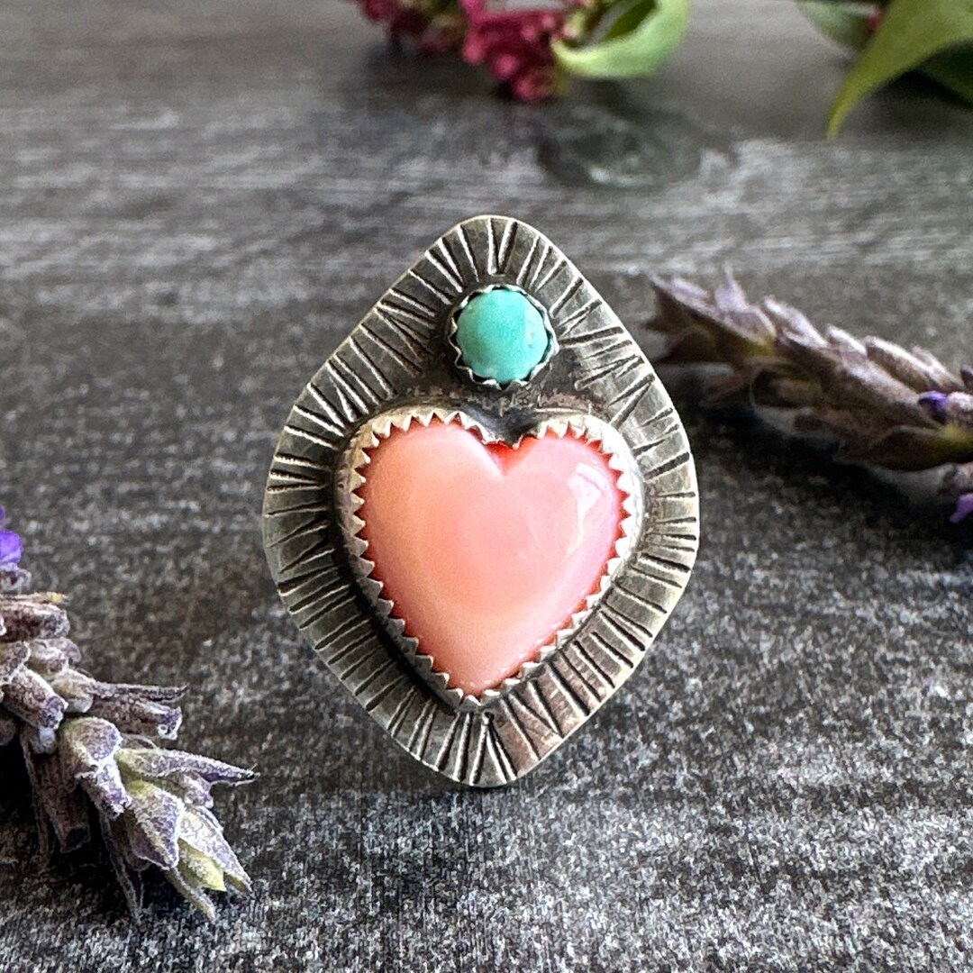 Pink Queen Conch Heart and Kingman Turquoise Ring - Sterling Silver ...