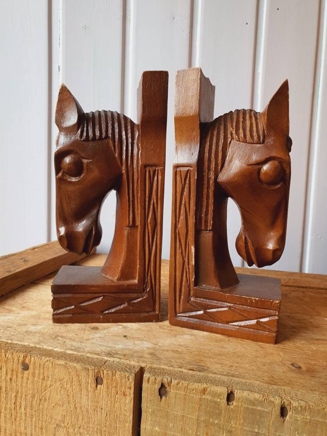 2 Old Bookends, Carvings, Horse Head, Handmade - Etsy