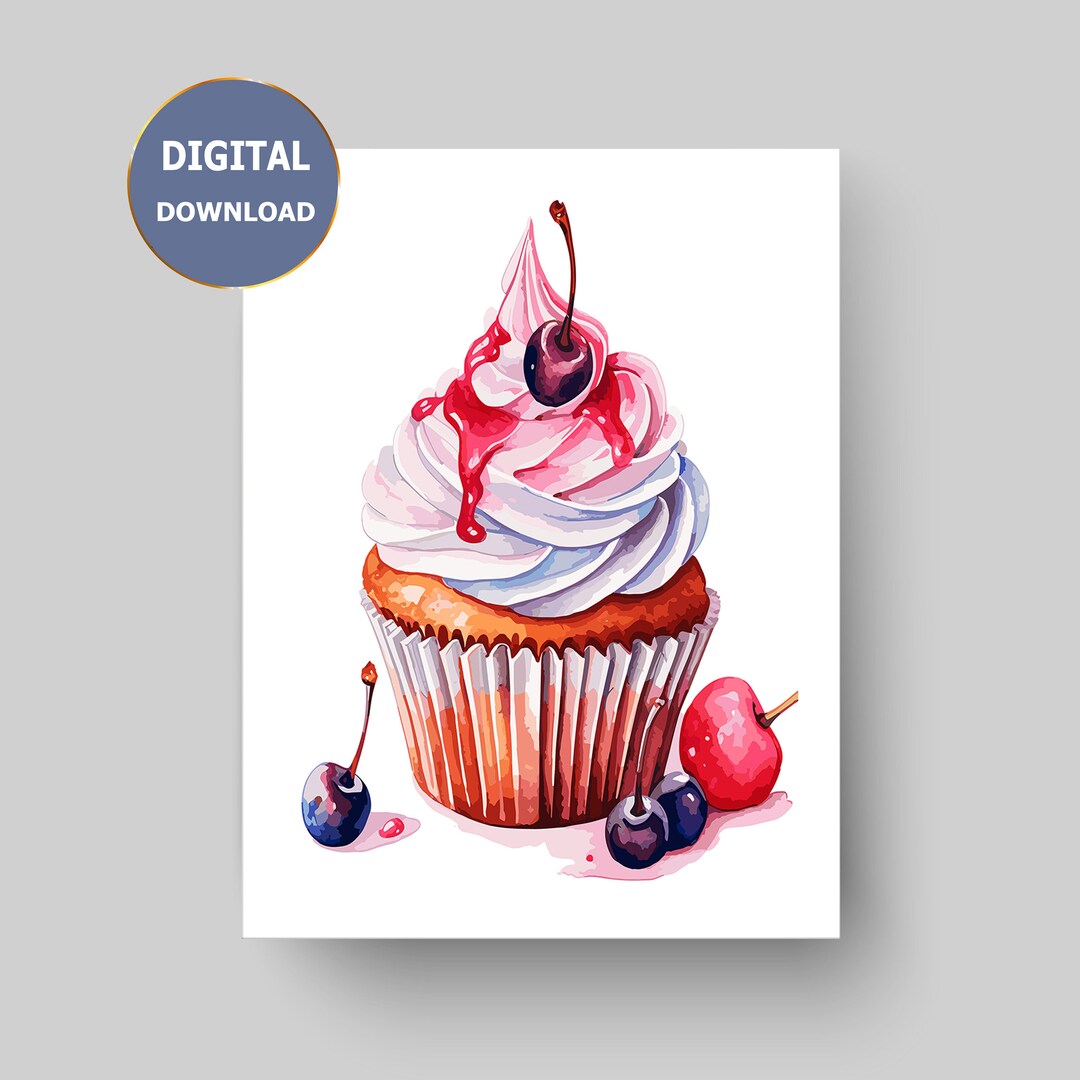 Cherry Cupcake Printable Cupcake Digital Prints Cupcake Wall Art ...