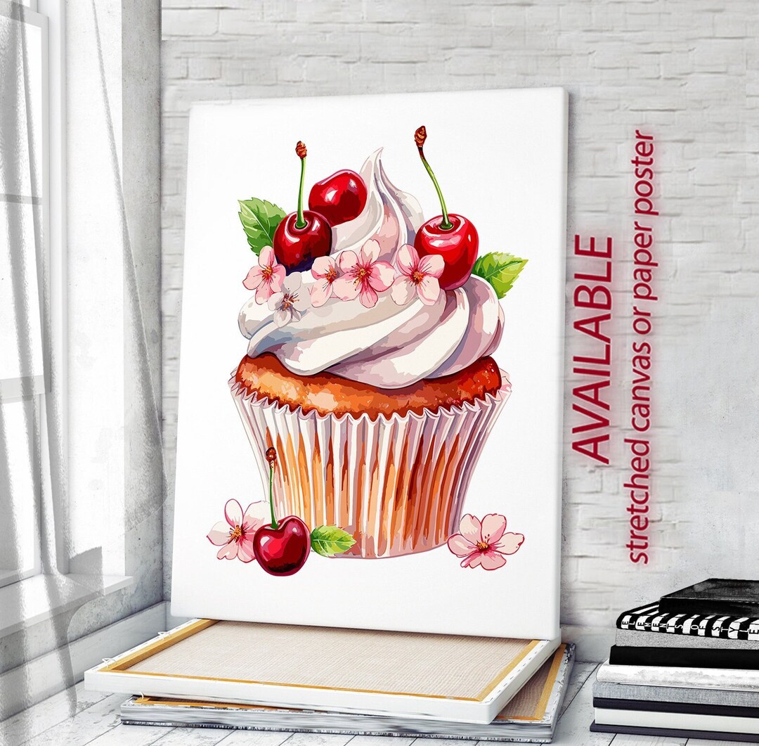 Cherry Cupcake Poster Cupcake Wall Art Cupcake Print Cherry Dessert ...