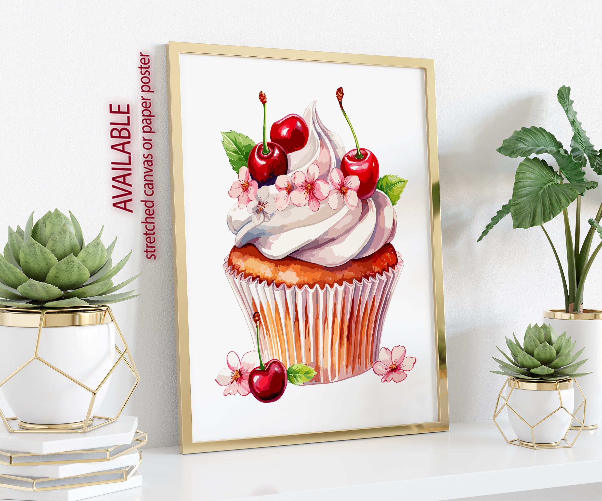 Cherry Cupcake Poster Cupcake Wall Art Cupcake Print Cherry Dessert ...