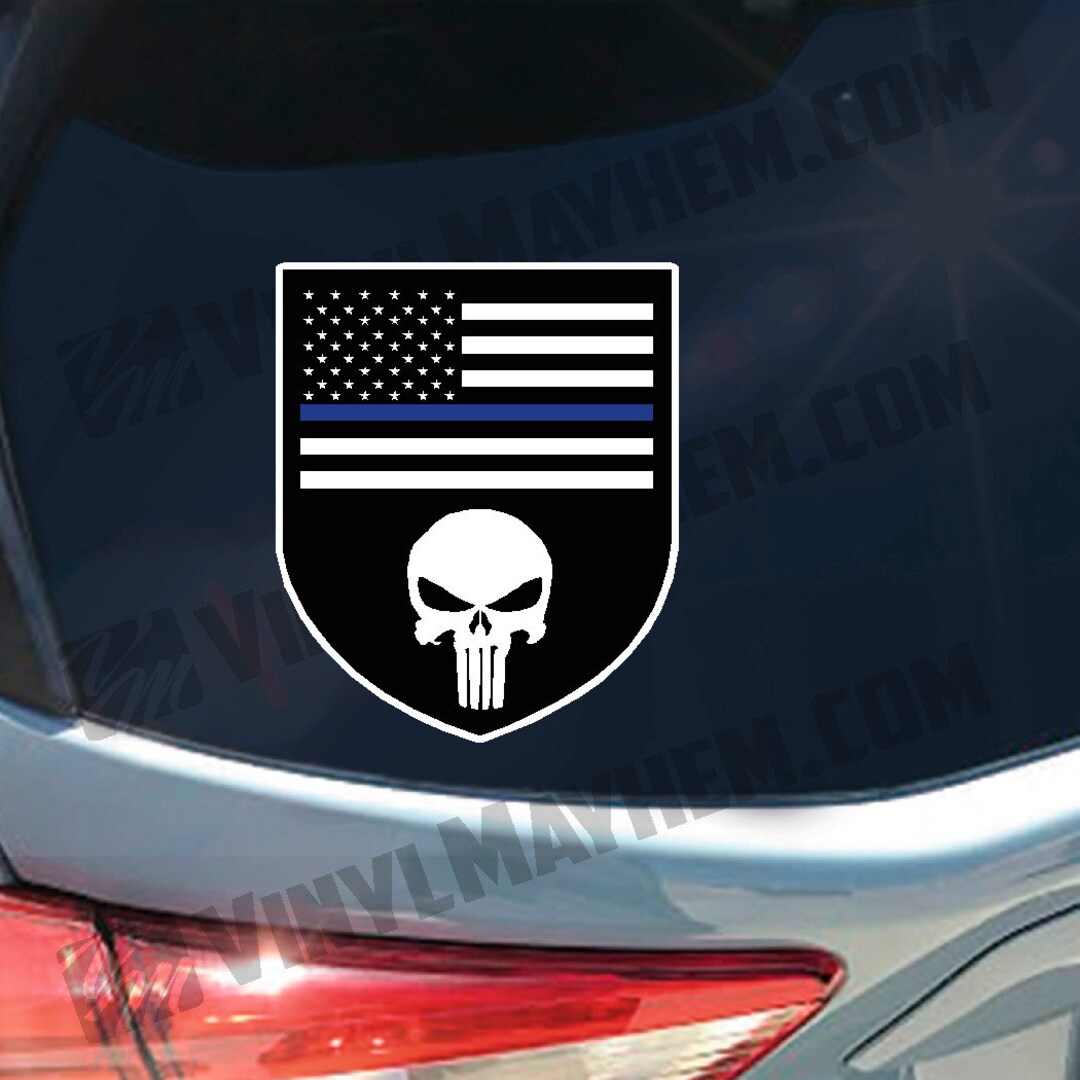 Thin Blue Line Punisher Skull Shield Sticker Decal Police Law ...