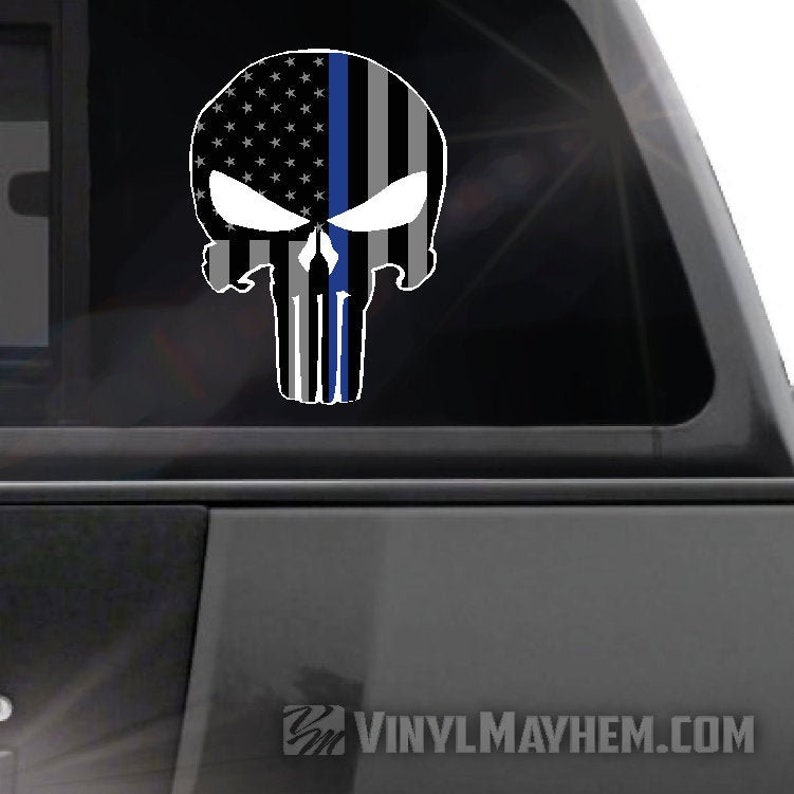 Thin Blue Line Punisher Skull Sticker Decal Police Law Enforcement Cops ...