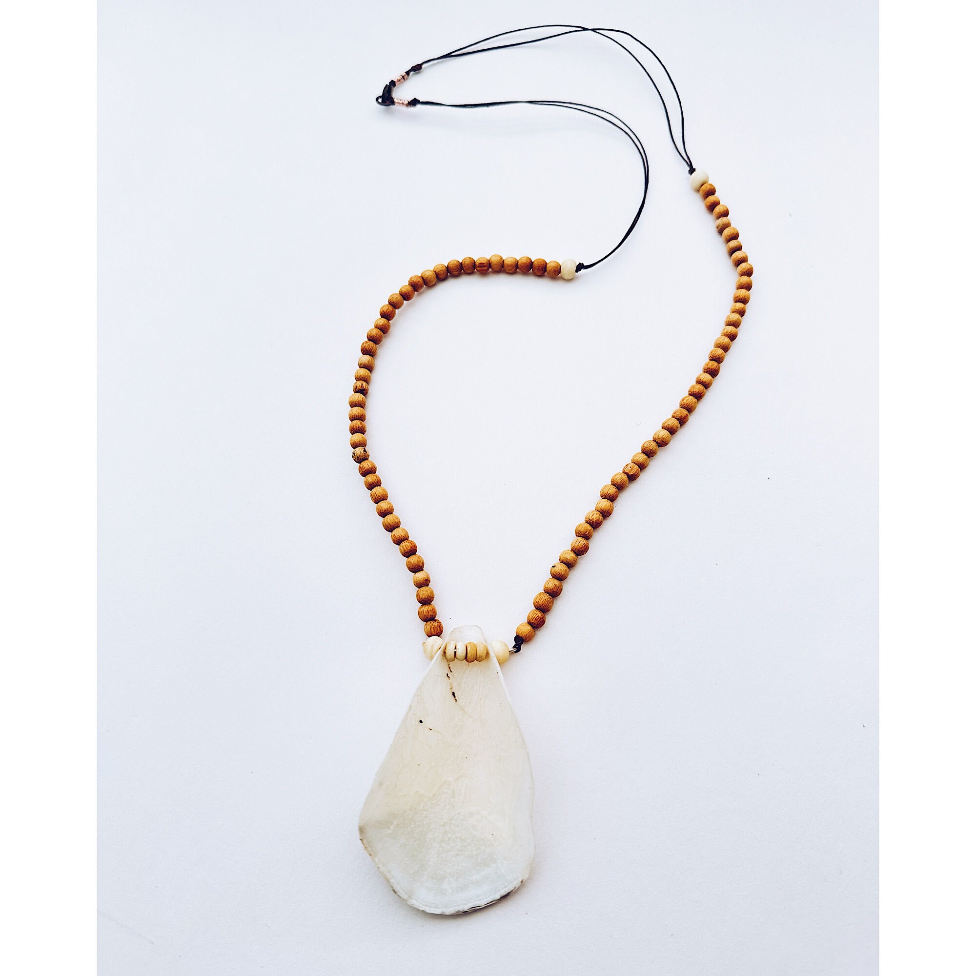 Arapaima Gigas Scale Pendant, White Wood Beads, Brown Wood Beads, Wax ...