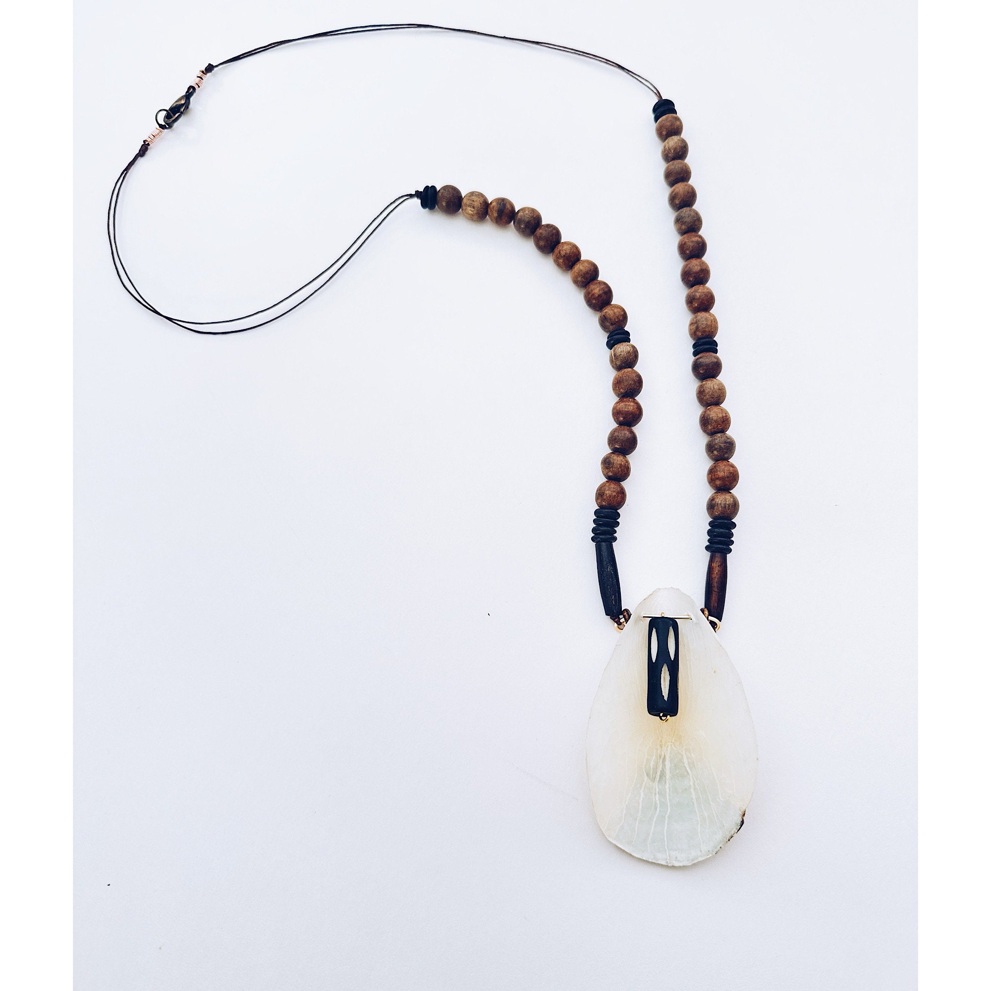 Arapaima Gigas Scale Pendant, White Wood Beads, Brown Wood Beads, Wax ...