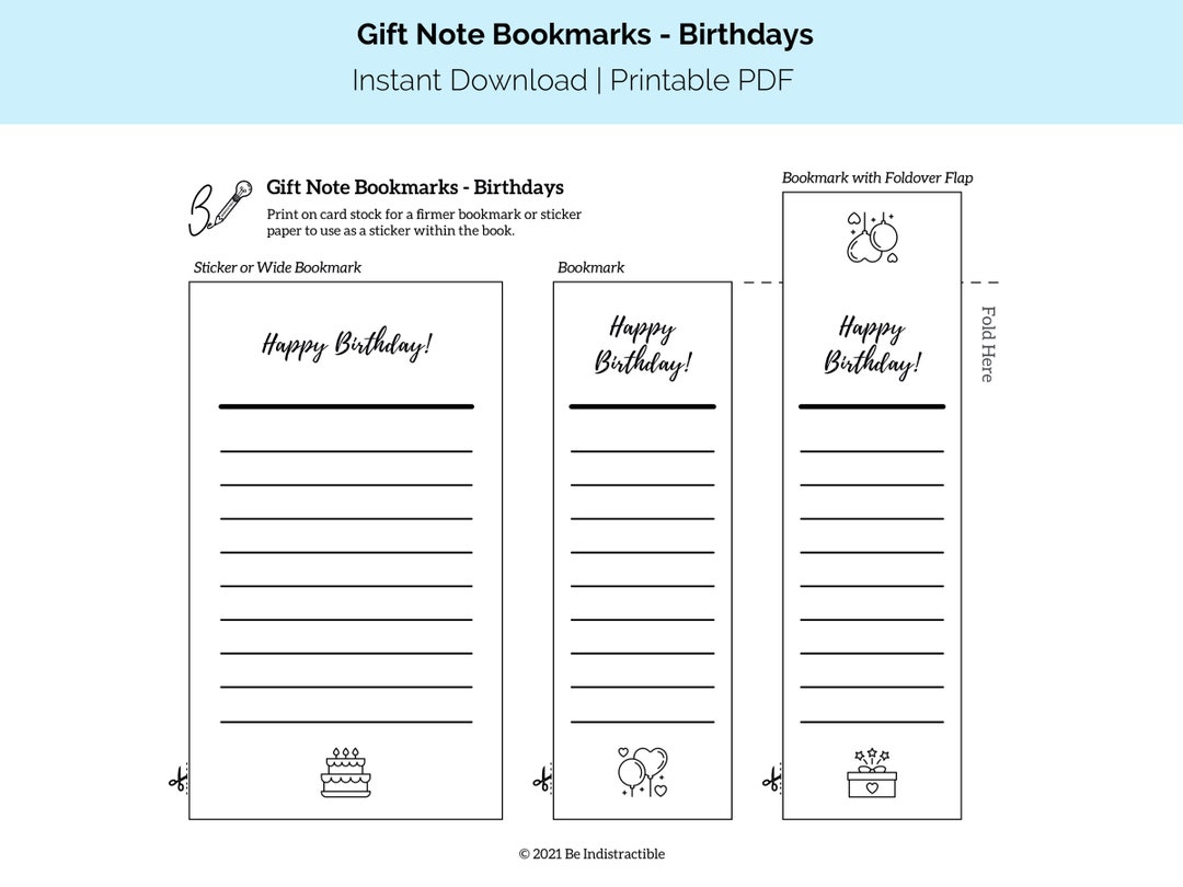Gift Note Bookmarks - Printable - Birthday Theme - Etsy