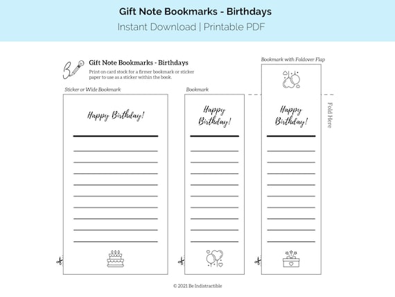 Gift Note Bookmarks Printable Birthday Theme | Etsy