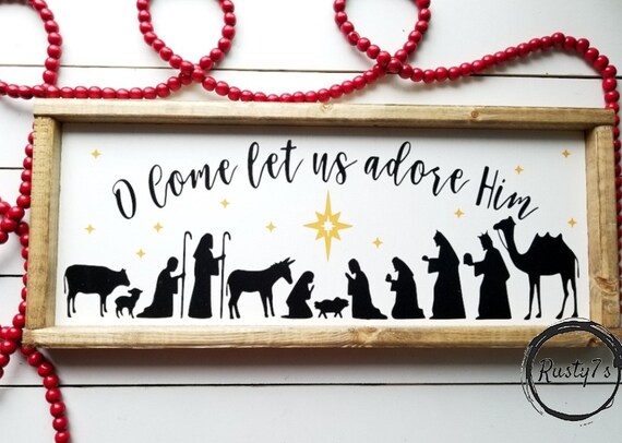 Wall Hangings Wooden Nativity Scene Christmas Sign Oh Come Let Us Adore ...