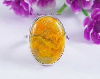 LARGE 1 1/4 Bumble Bee Jasper Gemstone Ring Oval .925 Sterling Silver Size 8 - Etsy