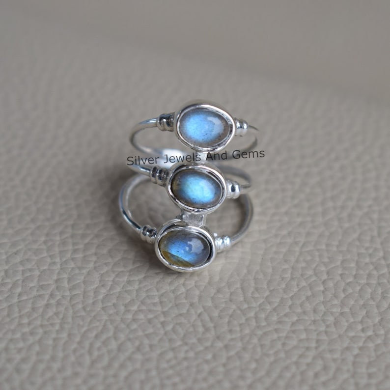 Blue Fire Labradorite Sterling Silver Ring, Multi Stone Triple Band - Etsy