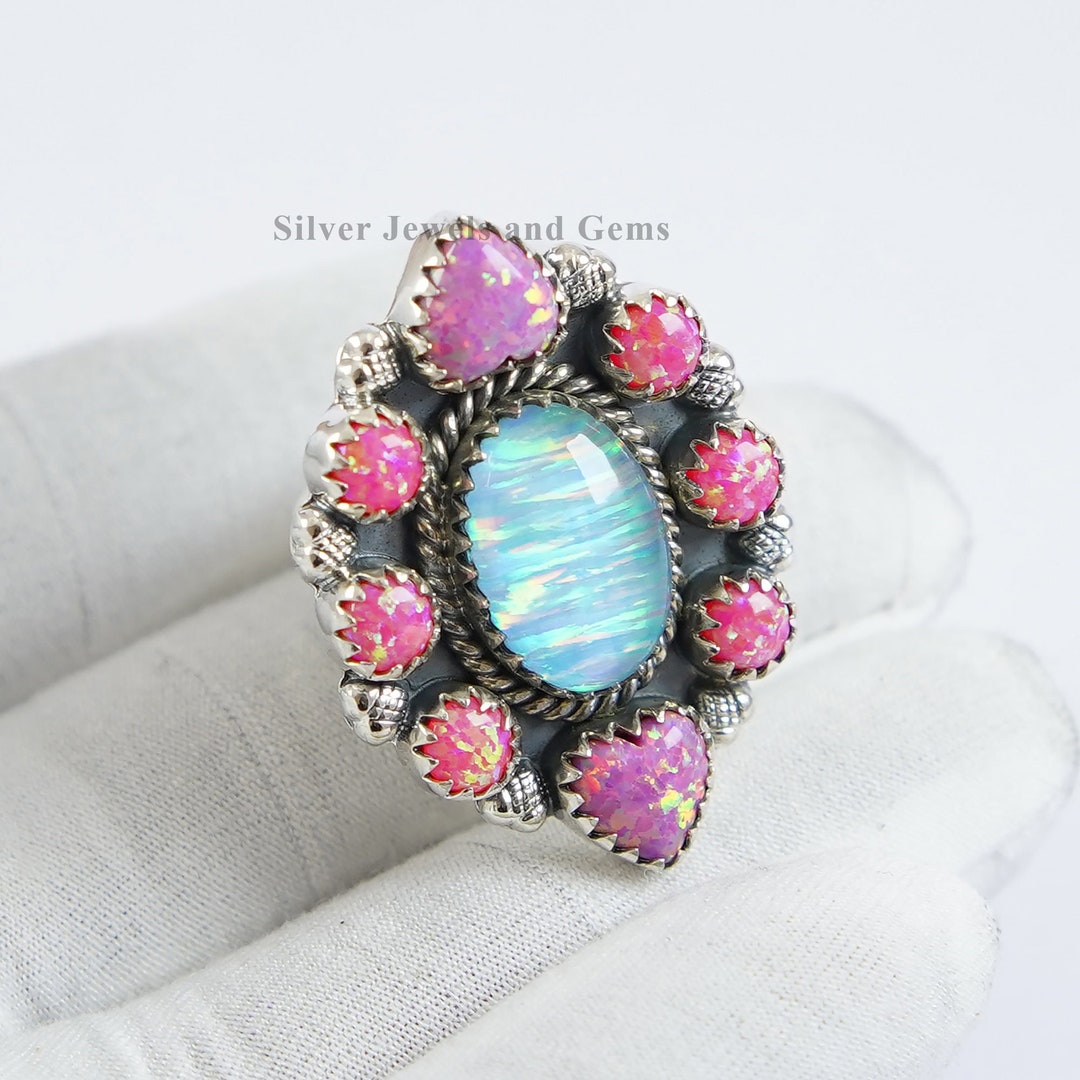 Pink Opal With Aurora Opal Ring, Wedding Ring, Hot Pink Opal Ring, 925 ...