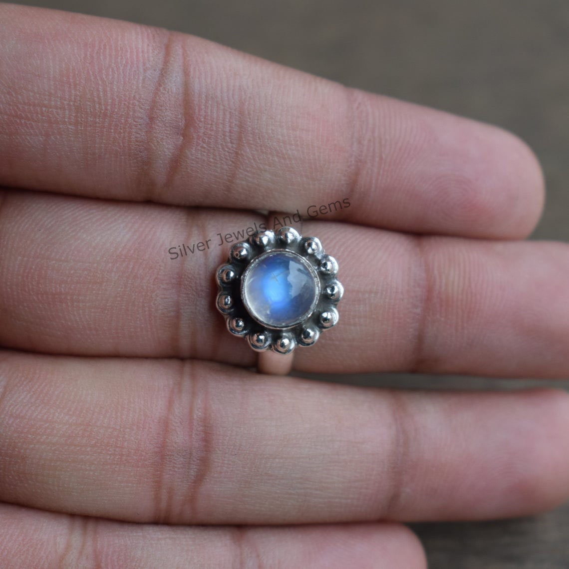 Round Moonstone Ring, Boho Ring, Blue Fire Moonstone Ring, Handmade ...