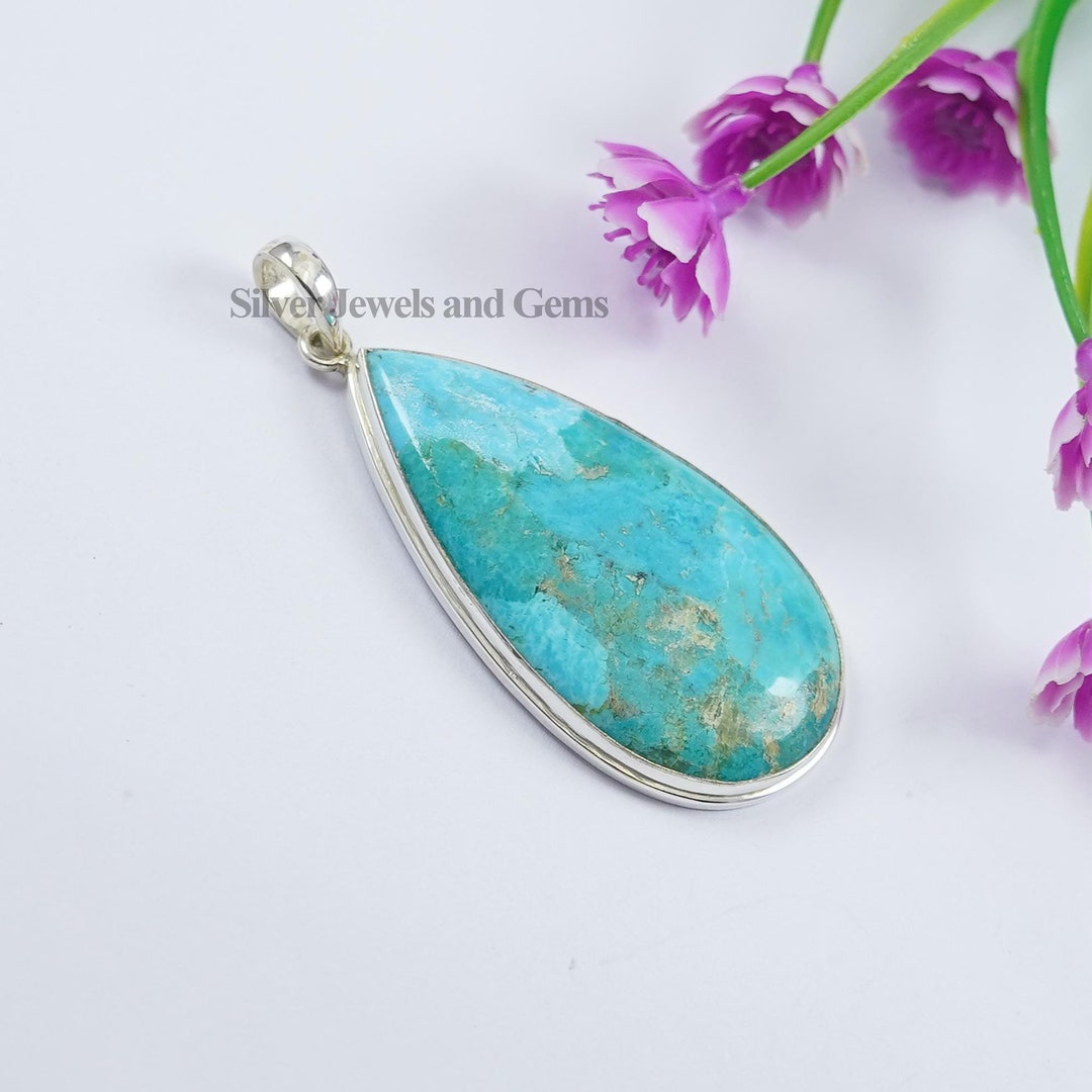 Big Natural Arizona Turquoise Pendant, Pear Shape Turquoise Pendant ...