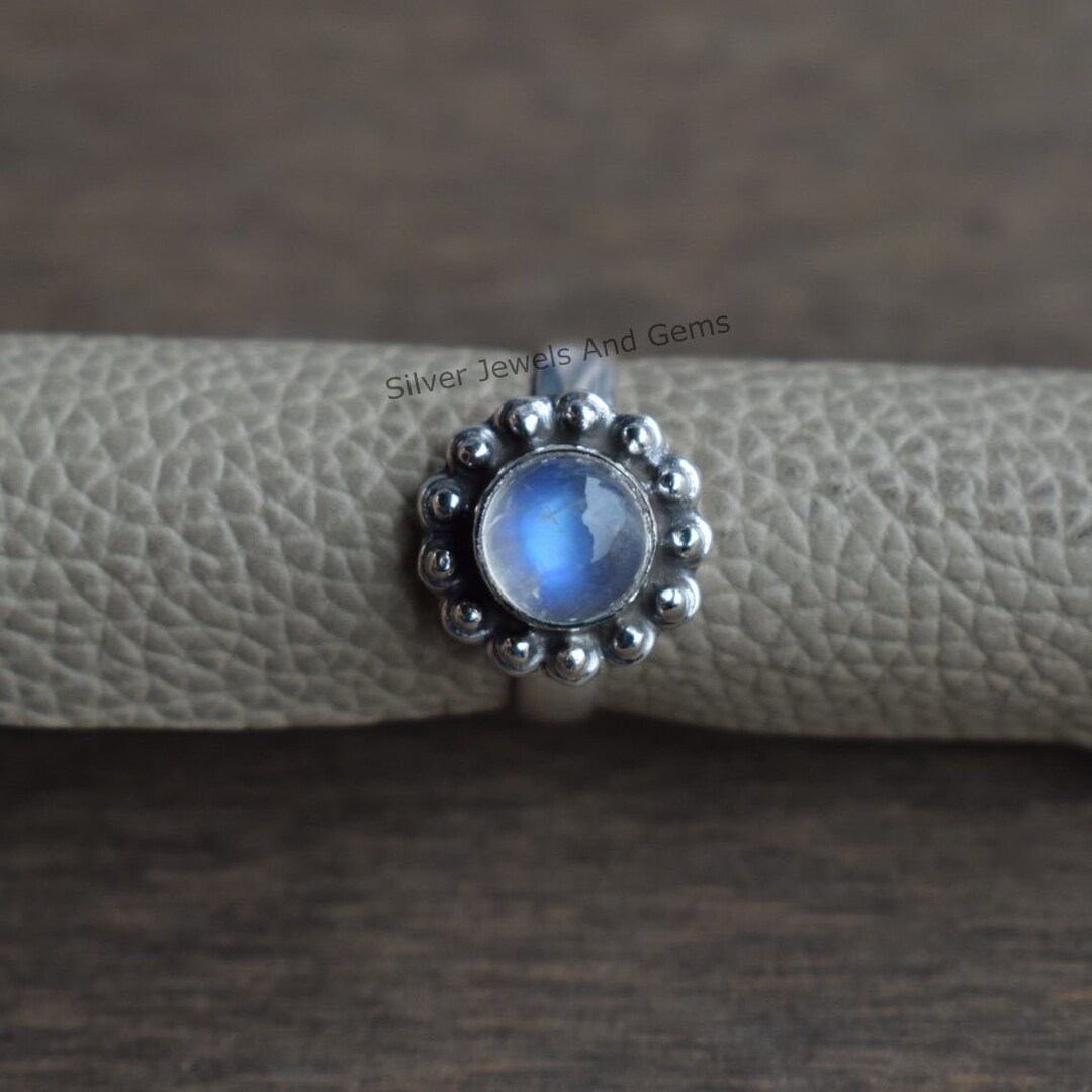 Round Moonstone Ring, Boho Ring, Blue Fire Moonstone Ring, Handmade ...