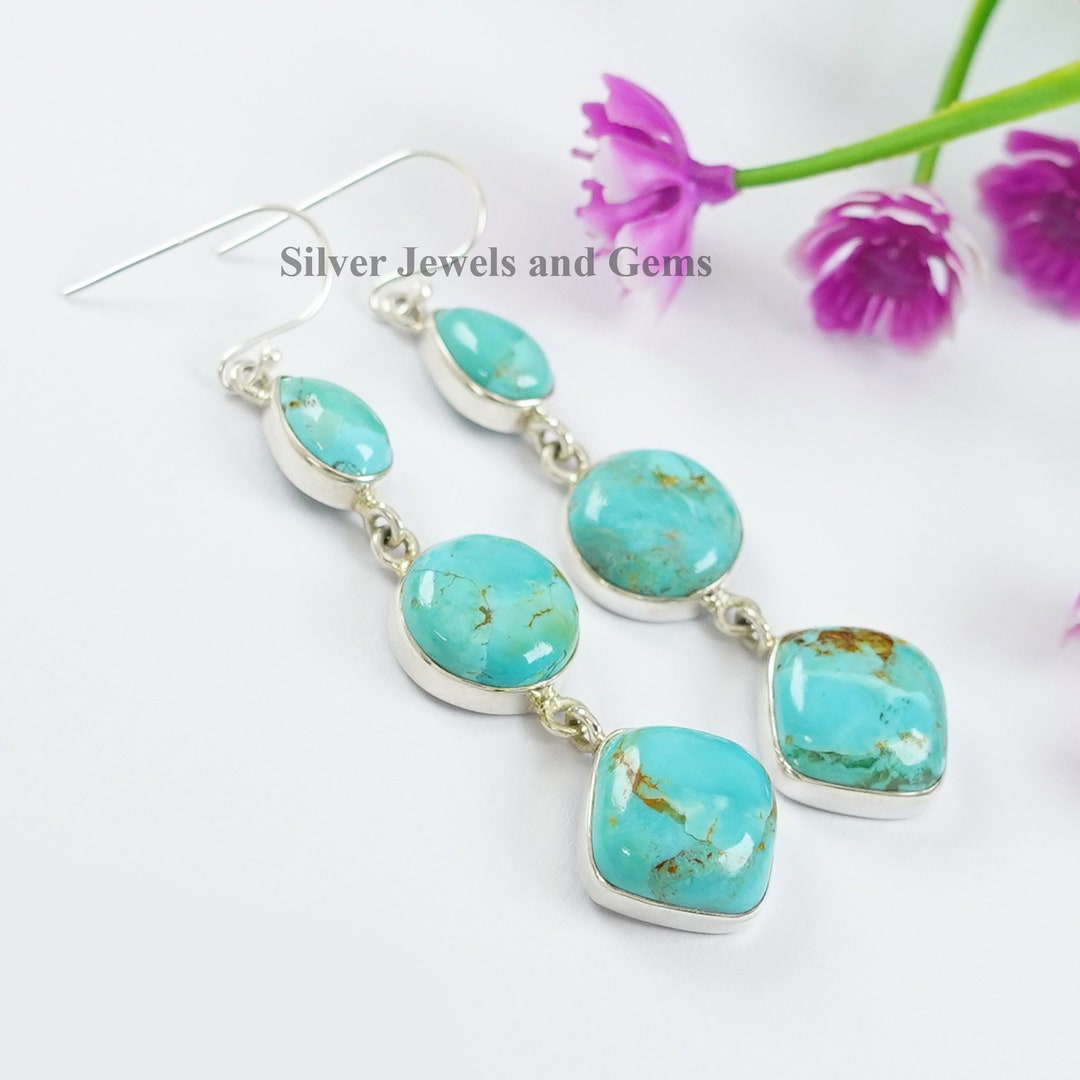 Natural Arizona Turquoise Earring, Long Hanging Turquoise Earring, 925 ...