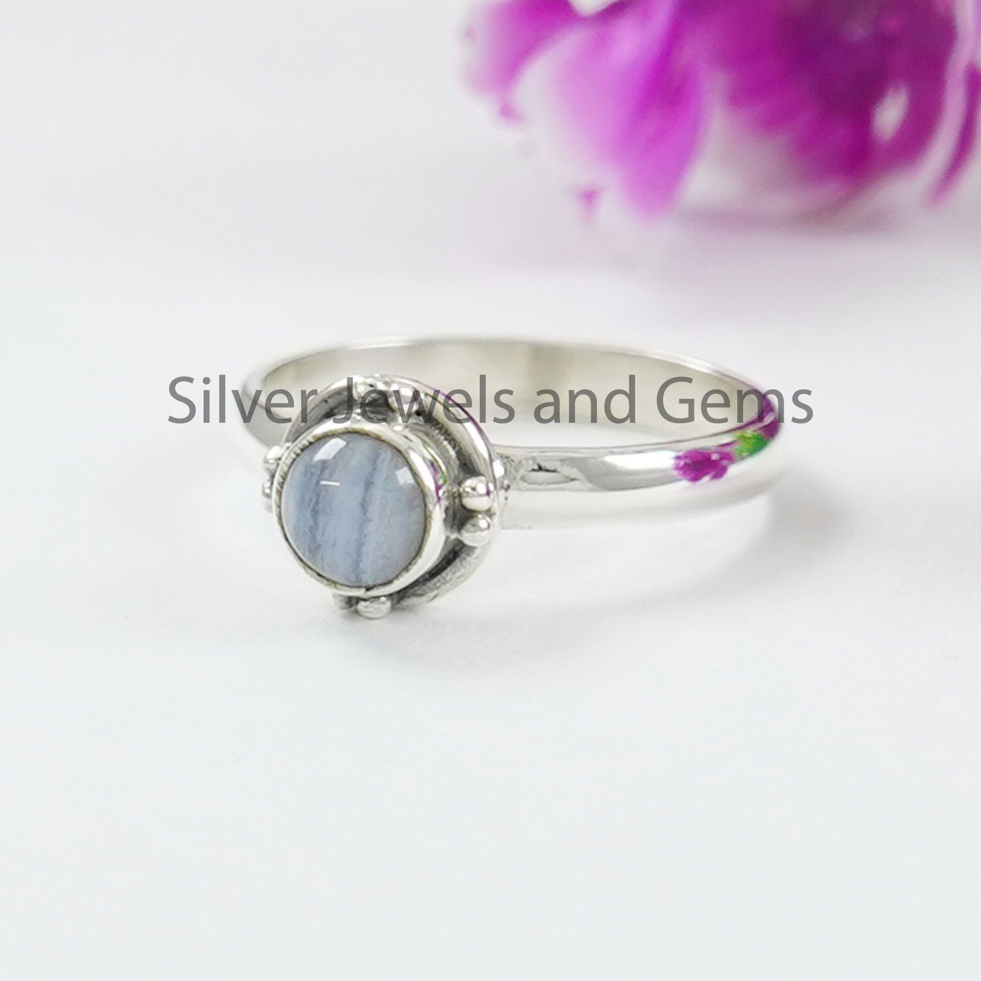 Blue Lace Agate Ring: Handmade 925 Sterling Silver, Dainty Round ...