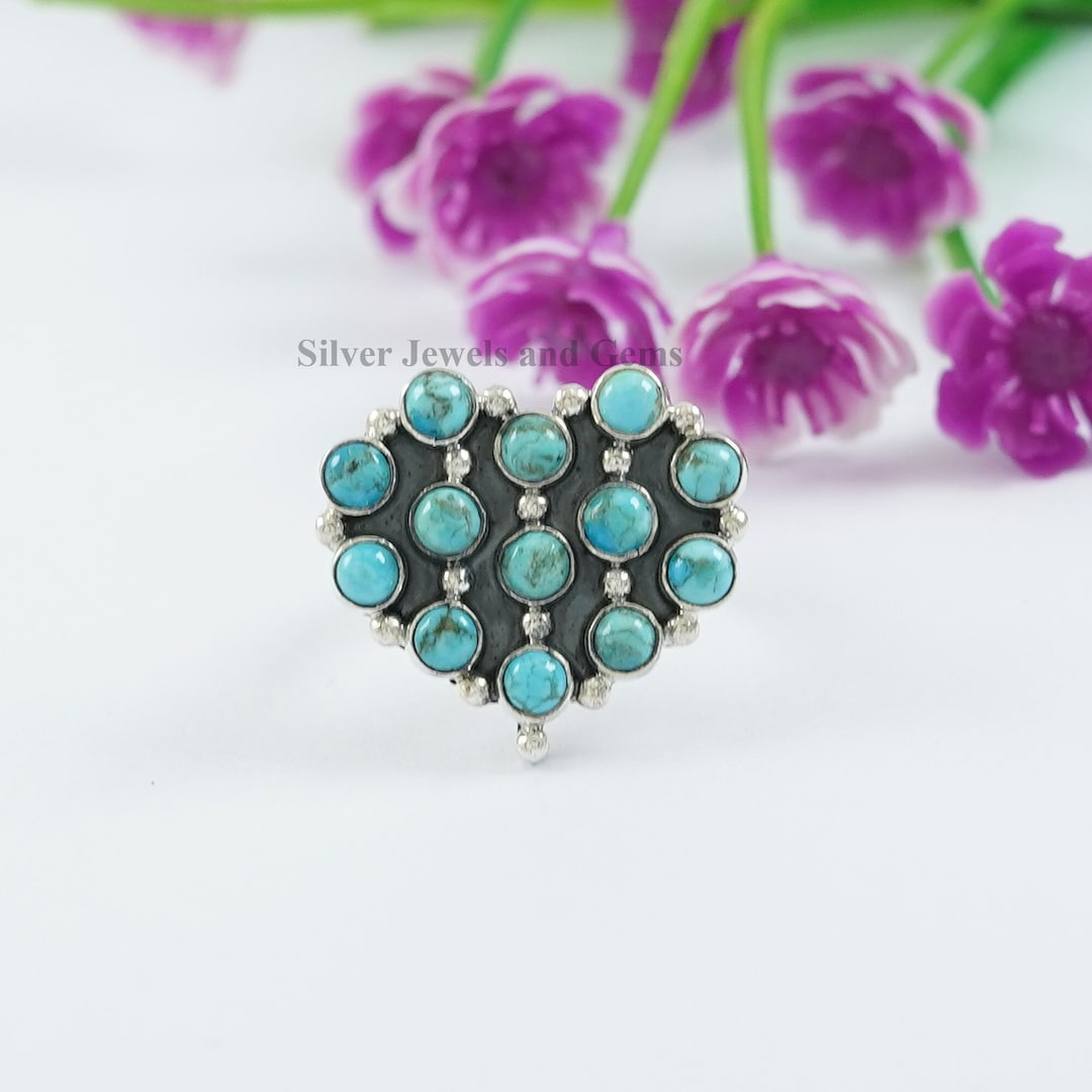 Natural Turquoise Heart Ring, Multi Stone Cluster Ring , Gift for Bride ...