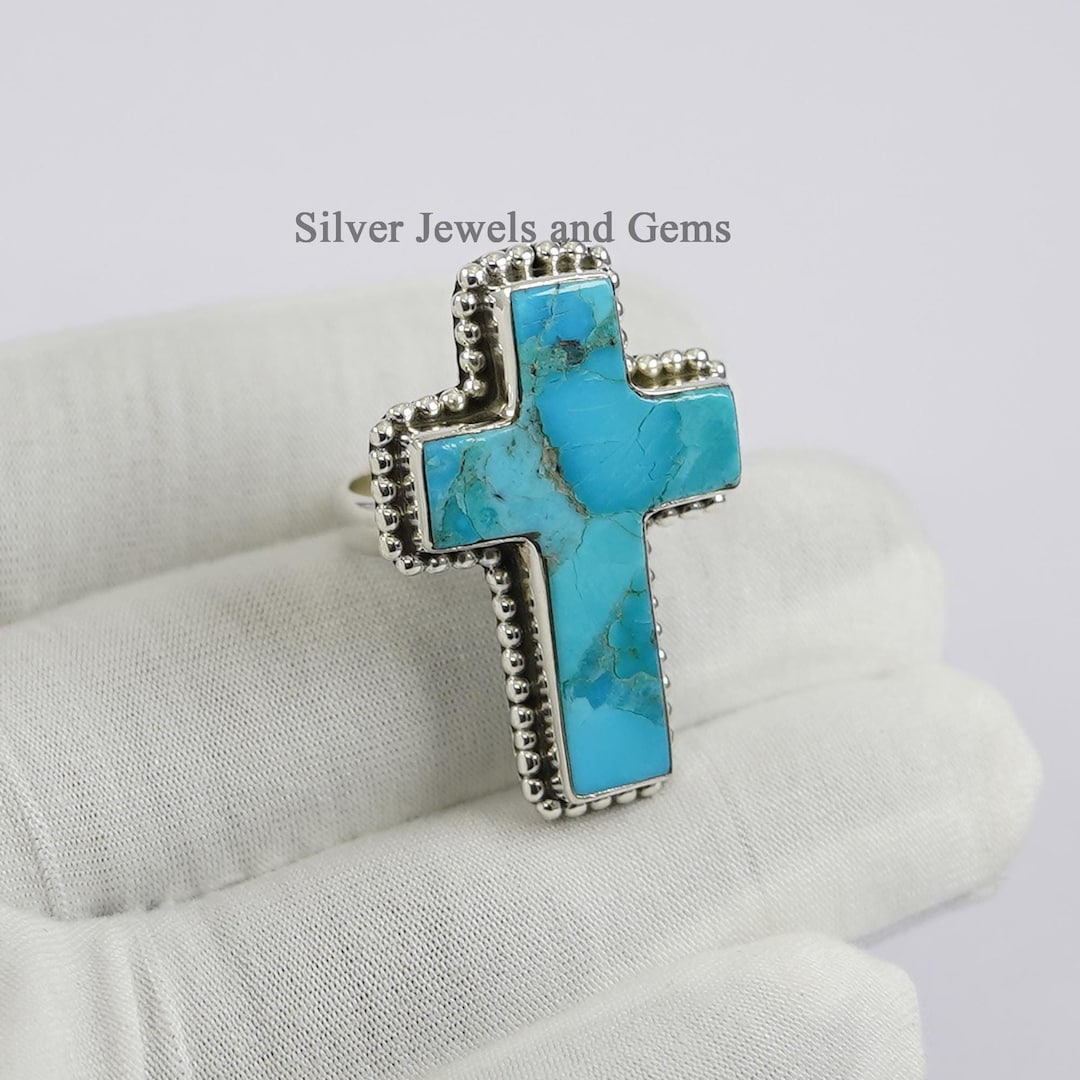 Natural Turquoise Cross Ring, Arizona Turquoise Ring, 925 Sterling ...