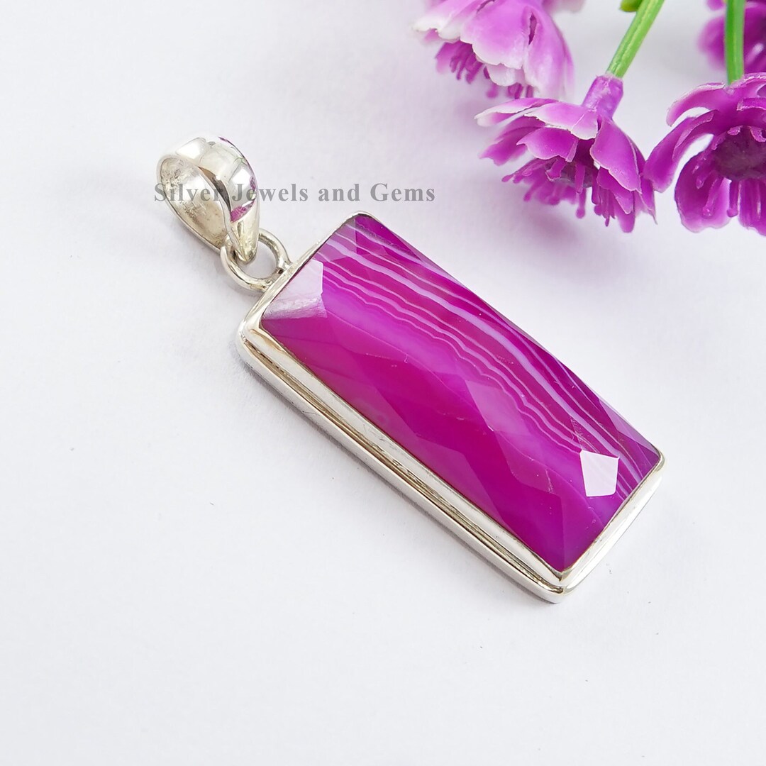 Natural Pink Banded Agate Pendant, Rectangle Pendant, Pink Gemstone ...