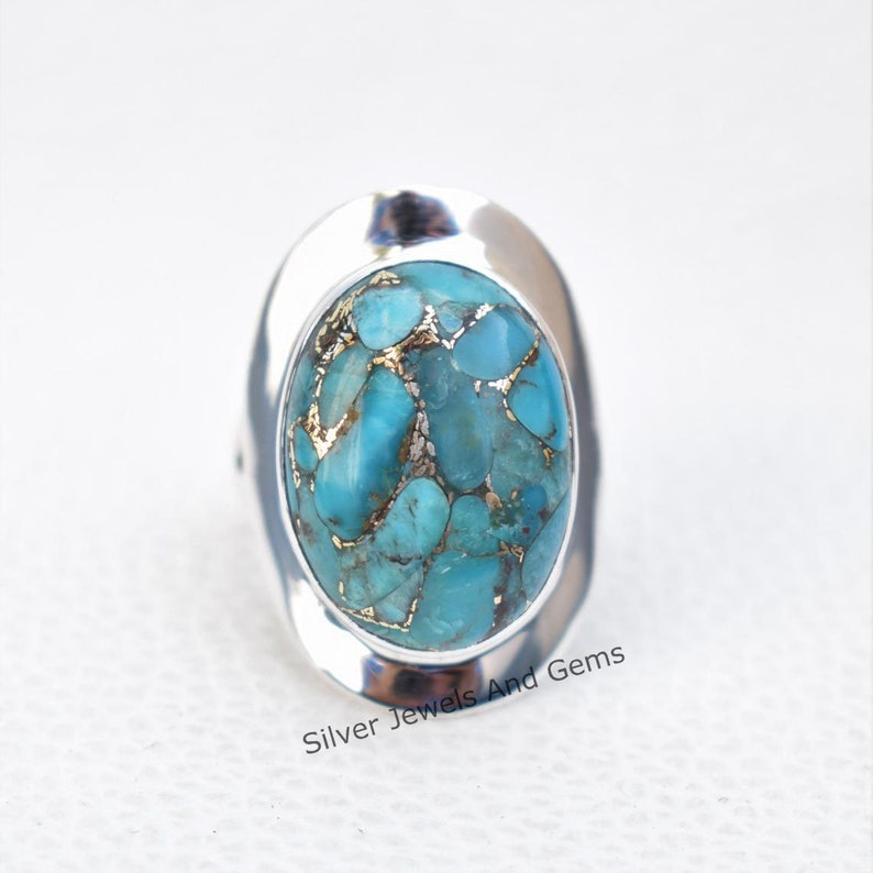 Blue Copper Turquoise Ring, Oval Sterling Silver Gemstone Ring - Etsy
