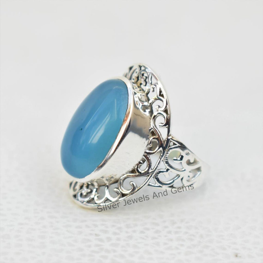 Anillo de calcedonia natural, anillo de piedra preciosa azul, anillo de ...