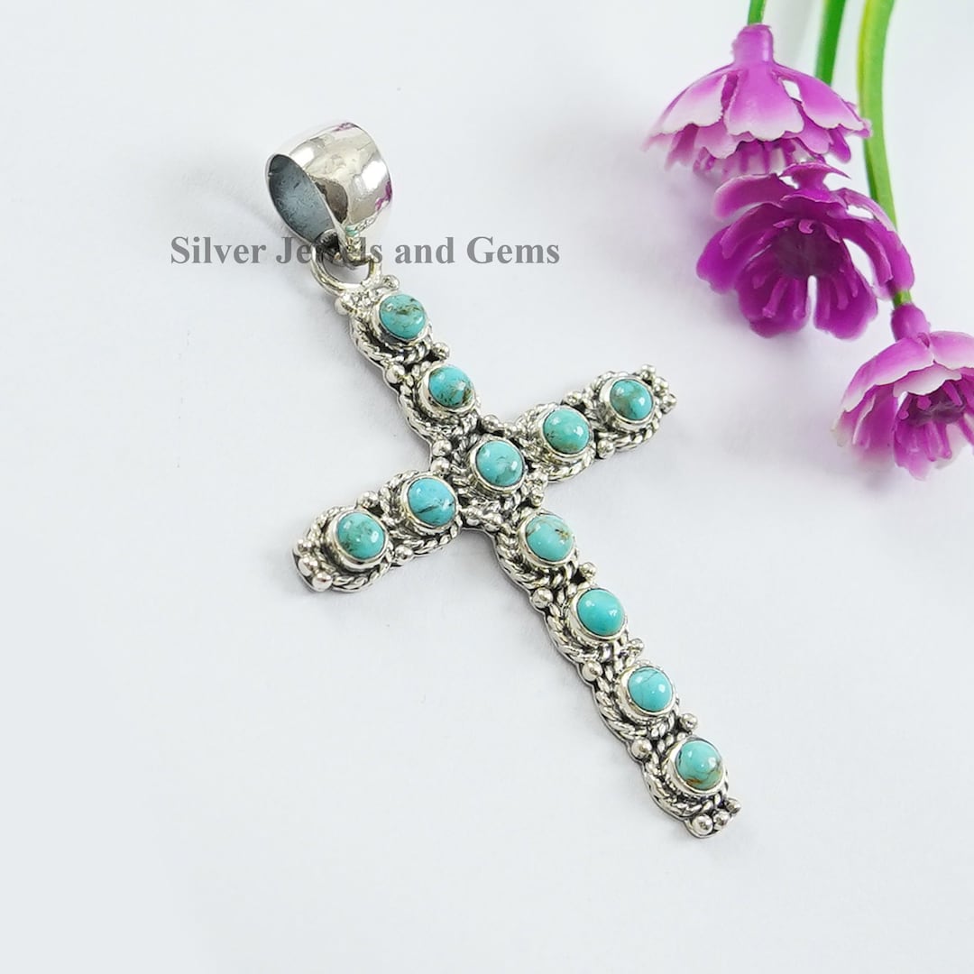 Natural Turquoise Cross Pendant, Anniversary Pendant, Round Multi Stone ...