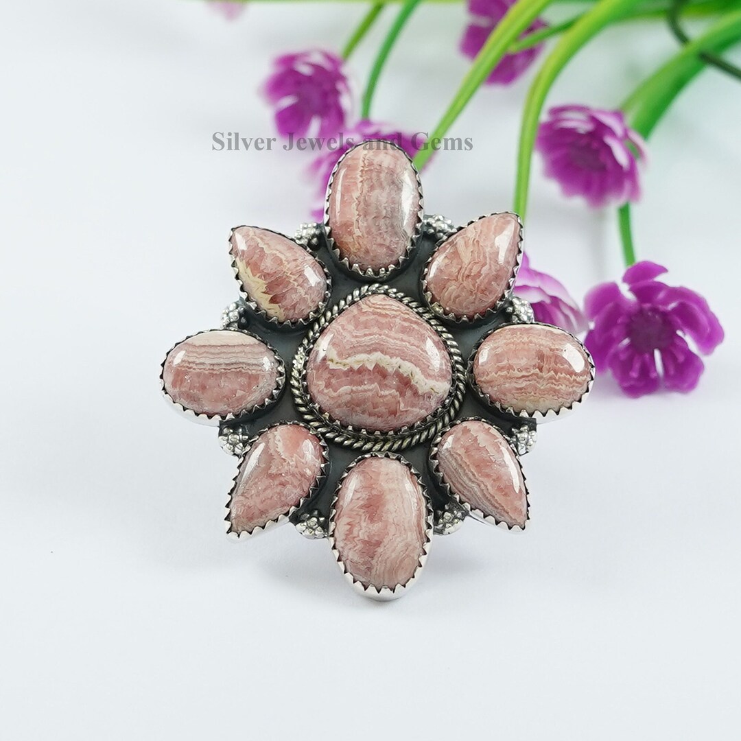 Rhodochrosite Cluster Ring, Boho Ring, 925 Sterling Silver Ring, Pink ...