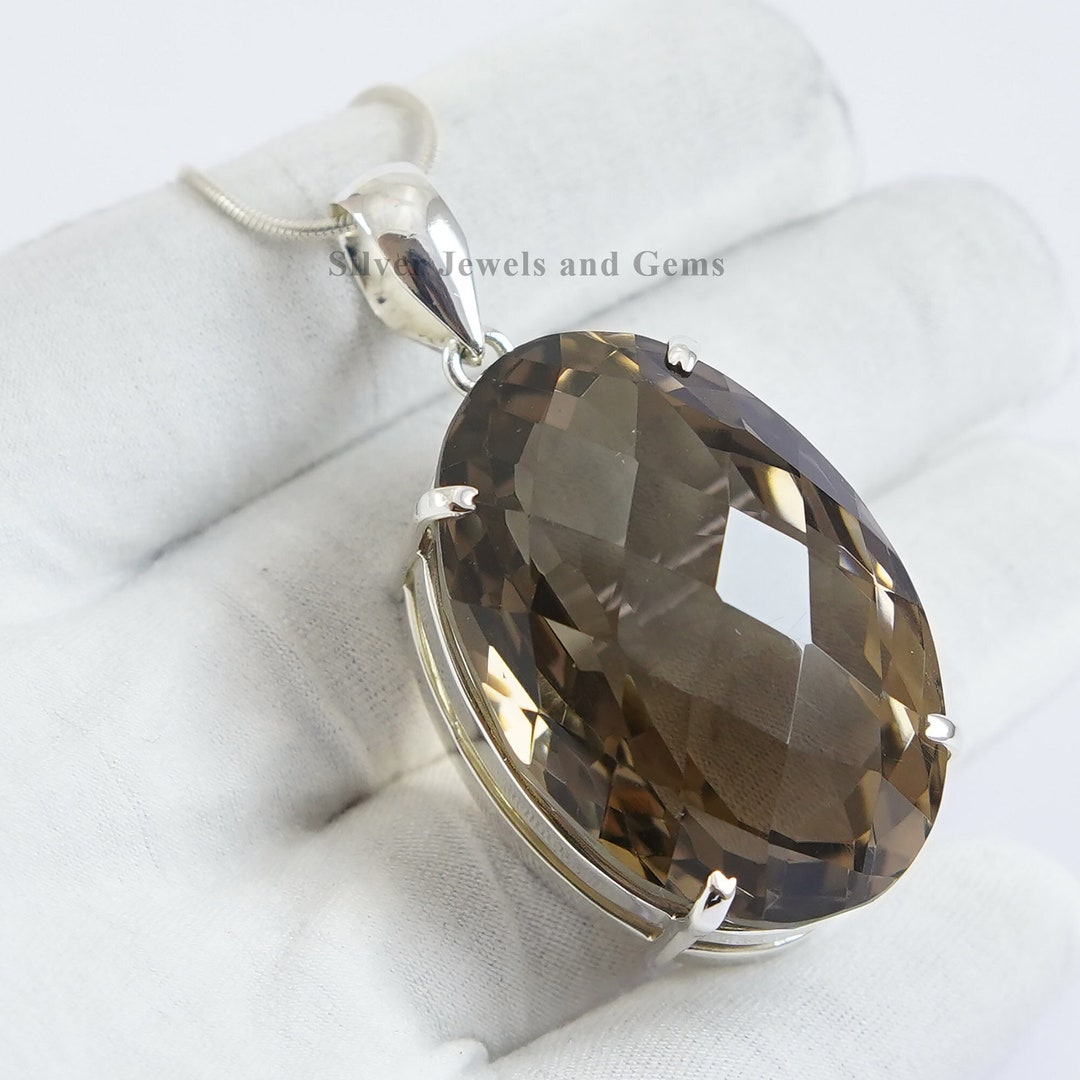 Huge Natural Smoky Topaz Pendant, 925 Sterling Silver Pendant, Big Oval Smoky Topaz Pendant ...