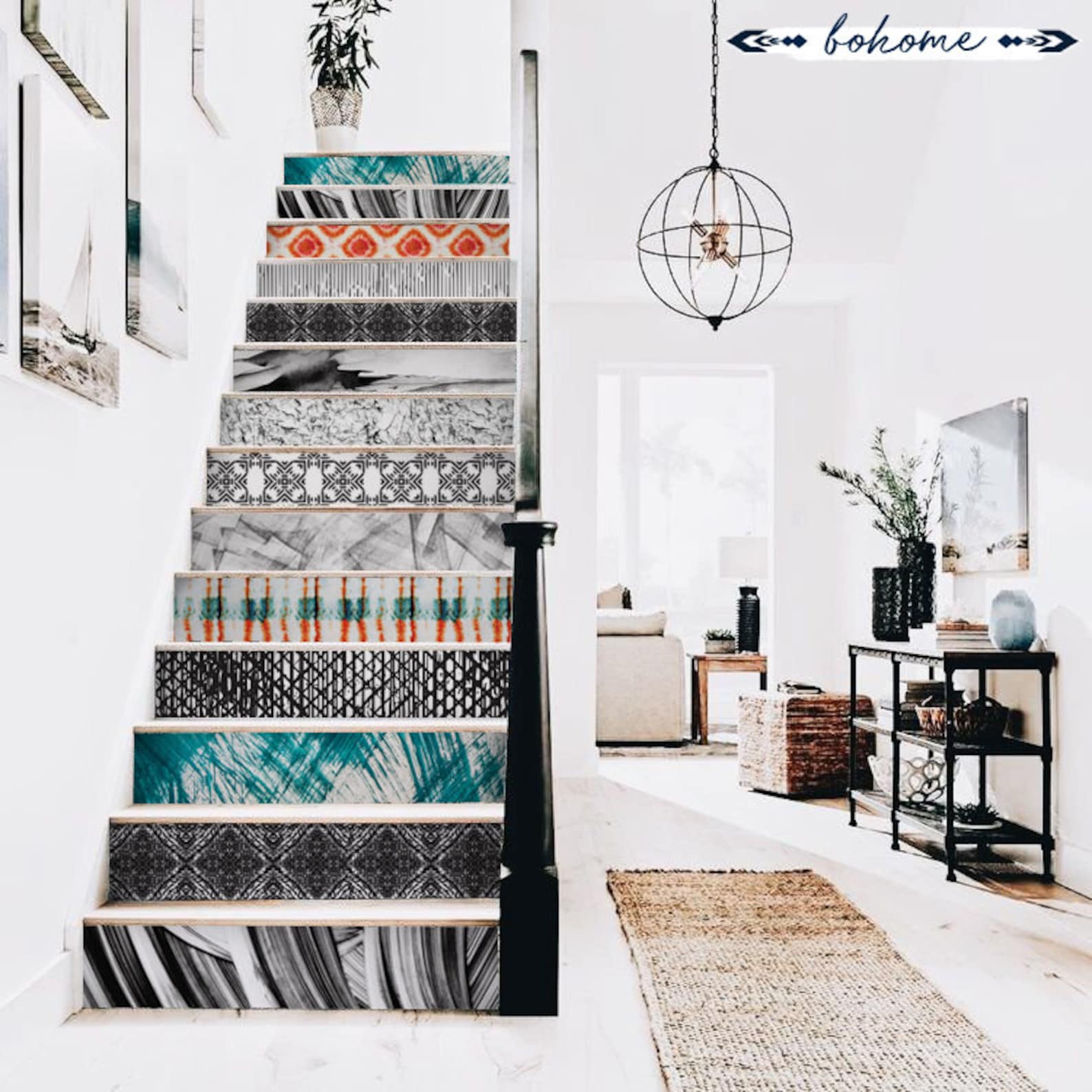 Set of Removable Stair Riser Stickers, Boho Stair Riser Decals, Ethinic ...