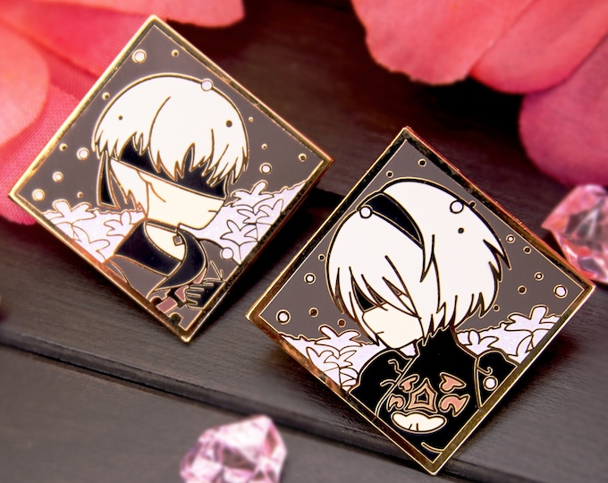 Nier Automata Pin Set: 2B and 9S Black Box Reaction Linked Hard Enamel Collar Pins Elegant Fan ...