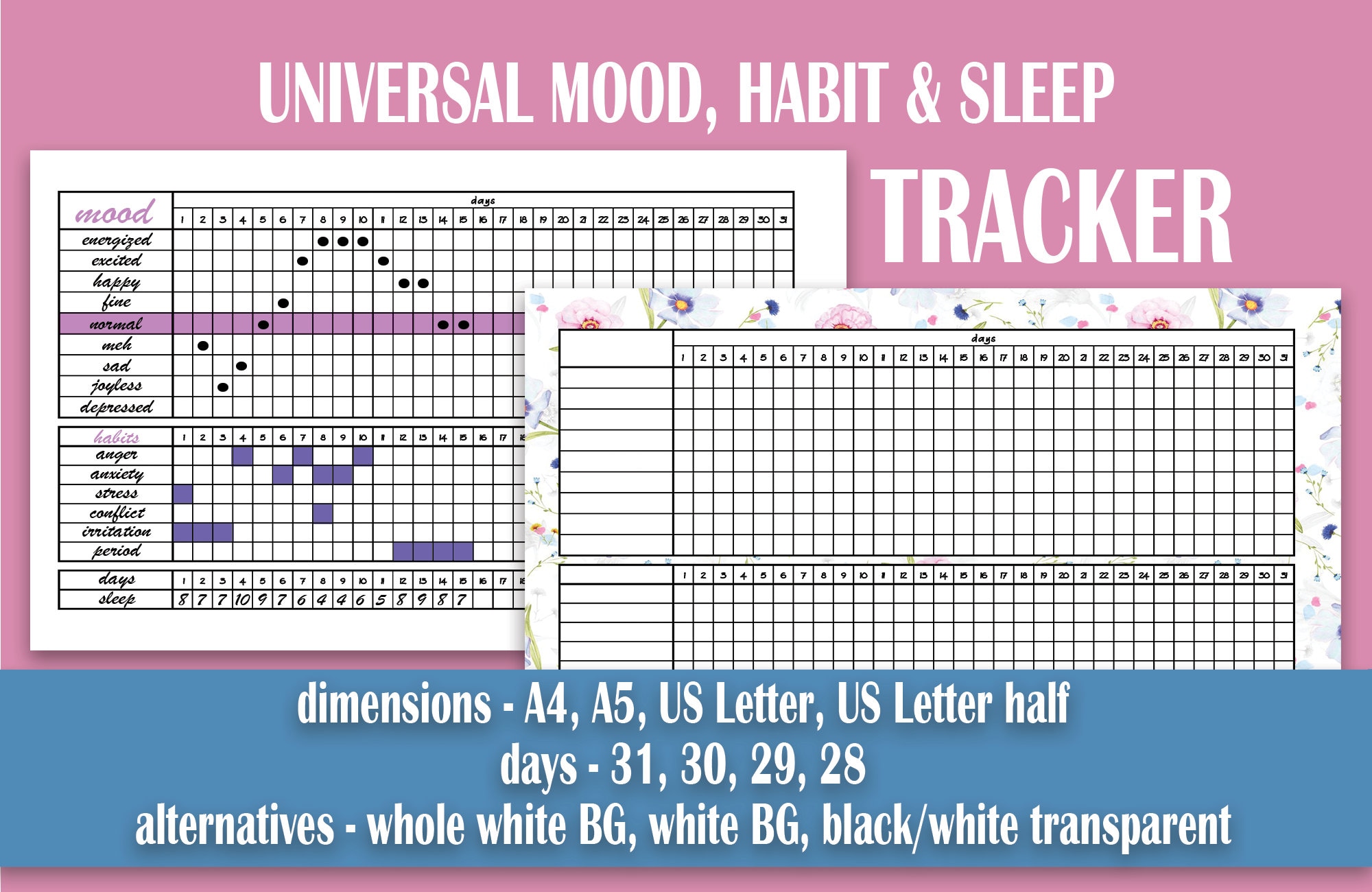 Printable Universal Mood Habit & Sleep Tracker 96 Files | Etsy