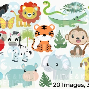 Jungle Animals Clipart, Black and White, Digital Stamps, Elephant ...