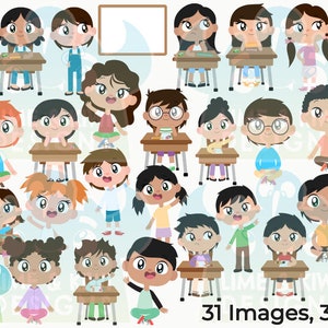 School Kids Clipart, Black and White, Digital Stamps, Boy, Girl, Child ...