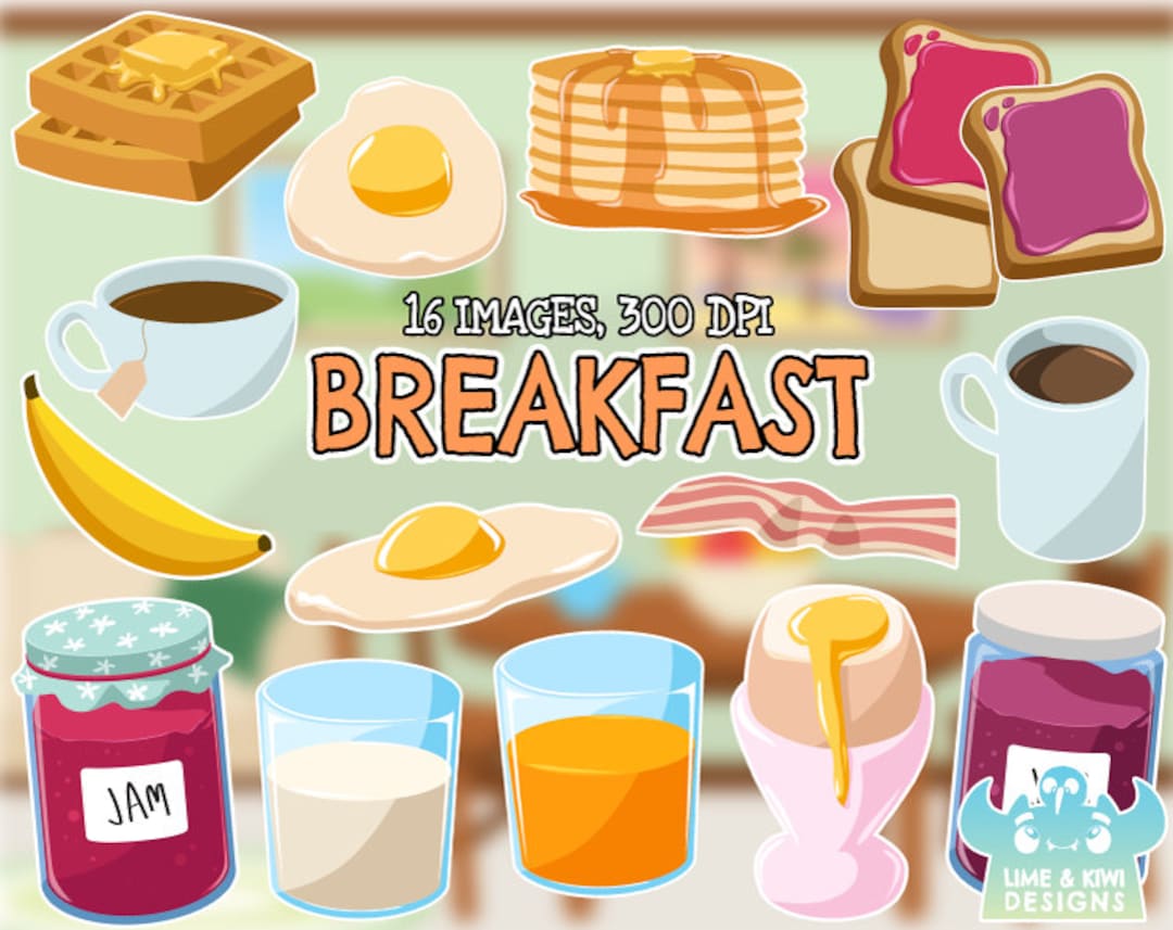 Breakfast Clipart, Black and White, Digital Stamps, Food, Banana, Bread ...