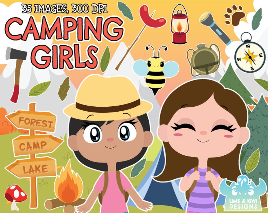 Camping Girls Clipart, Black and White, Digital Stamps, Outdoors, Bear ...