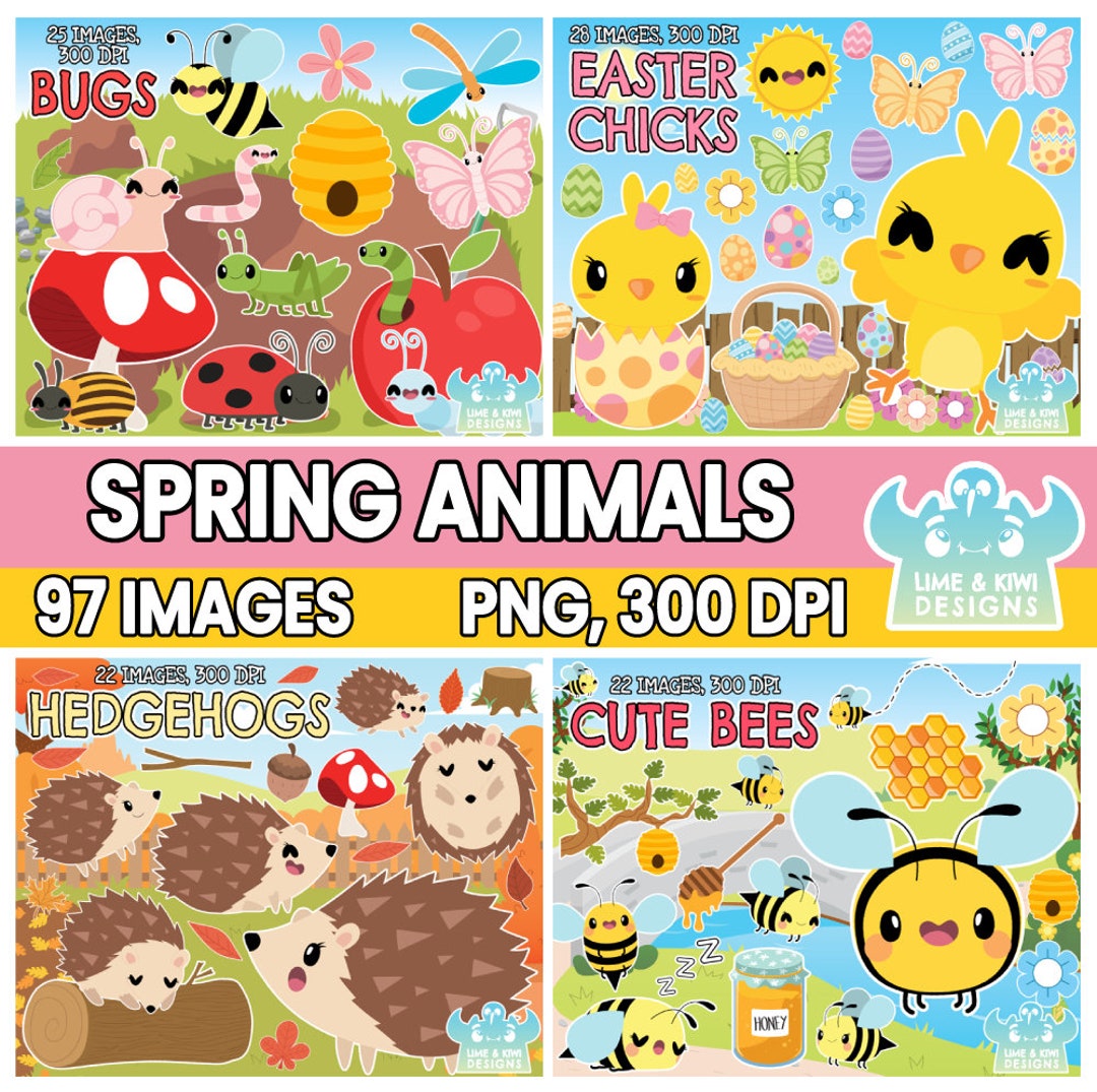 Spring Animals Clipart Bundle 1, Black and White, Digital Stamps, Bugs ...
