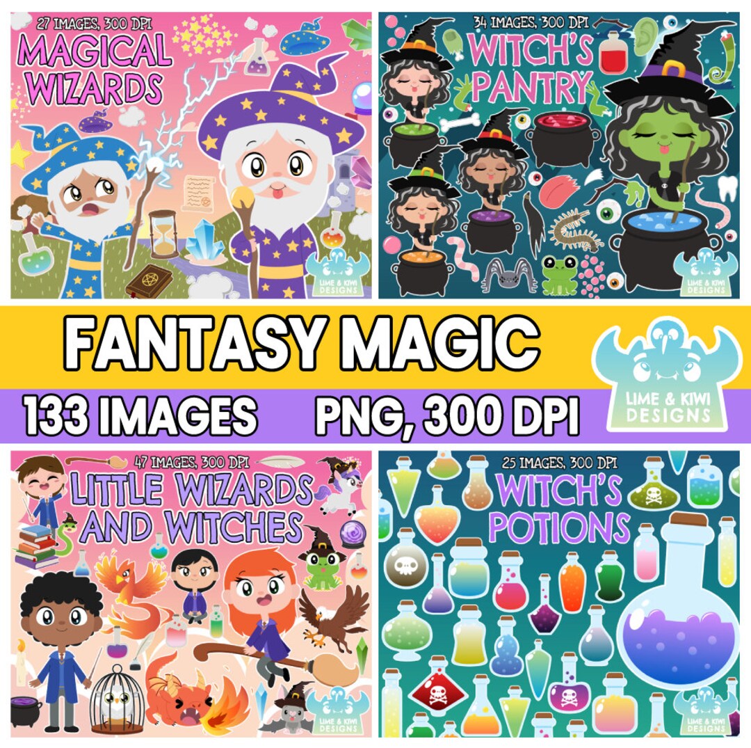Fantasy Magic Clipart Bundle 1, Black and White, Digital Stamps, Little ...